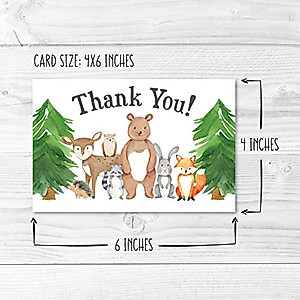 24 Woodland Thank You Cards With Envelopes, Kids or Baby Shower Thank You Note, Rustic Animal Deer or Fox, 4x6 Varied Gratitude Pack For Party, Birthday Boy or Girl Children, Appreciation Stationery