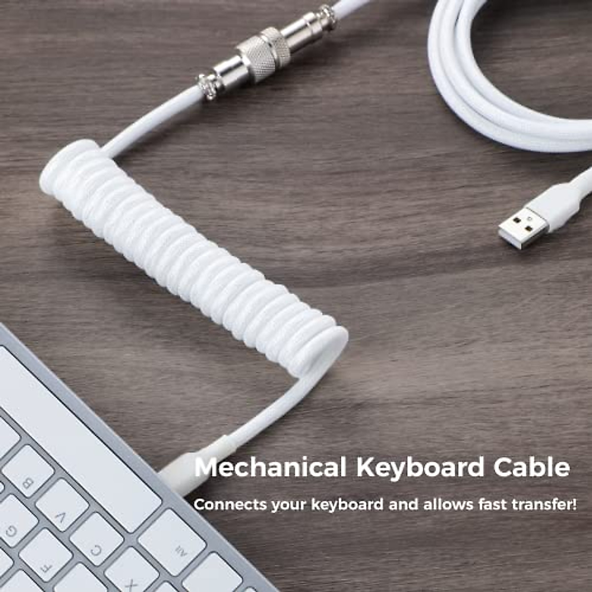 POWSURGE Keyboard Cable, 1.5m/59in Type-C to USB Detachable Coiled Cable with Metal Aviation Connector, Double-Sleeved Anti-Twist Data Cable for Mechanical Gaming Keyboards, White (White)