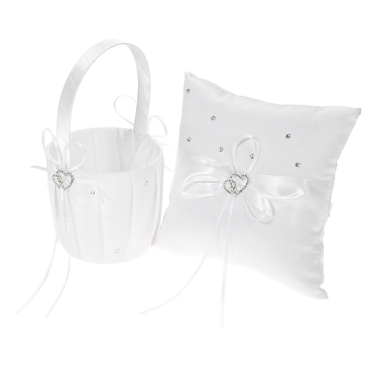 Wedding Supplies Double Heart Satin Flower Girl Basket Ring Bearer Pillow Guest Book Pen Holder Bride Garter Set(Satin-5PCS)