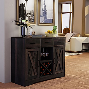 VVFLU Sideboard Buffet Cabinet with Storage Kitchen Farmhouse Coffee Bar Cabinet, Drawers, Removable Wine Rack, Wine Glass Rack, Barn Doors, Adjustable Shelves for Dinning Room, Brown (Coffee Wood)
