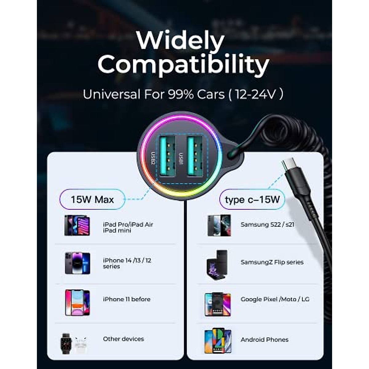 FLYLEAD Car Charger, 3.4A USB Car Charger Adapter Dual USB Car Charger with 5ft USB C Cable, Car Charger Adapter for Samsung Galaxy S22/S21/S10/iPhone/Note 20/Moto/Google Pixel 6 and More