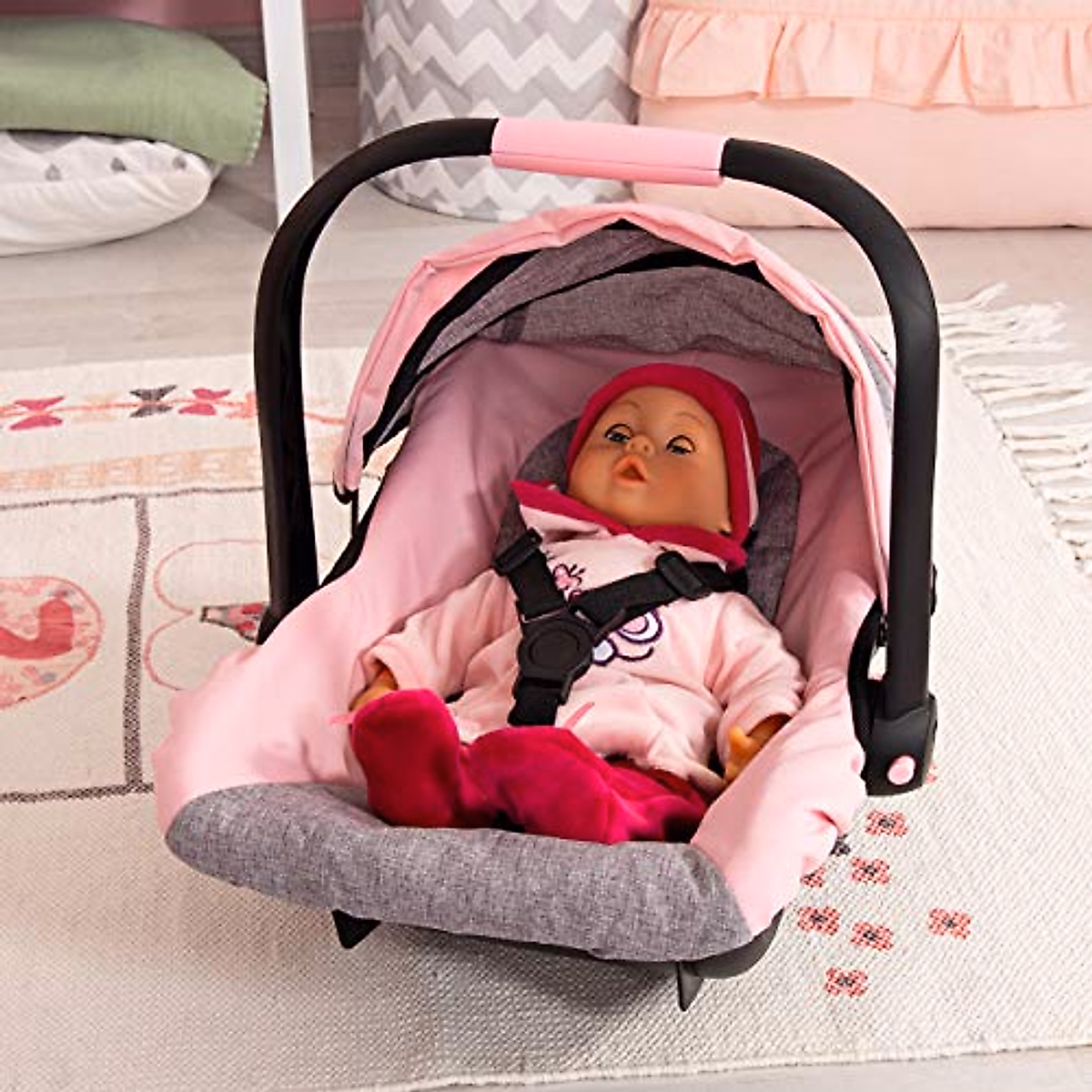 Bayer Design 67933AA Toy, Car Seat Easy Go for Neo Vario Pram with Cover, Doll Accessories, Pink, Grey with Butterfly,Grey/pink, for dolls up to 18"