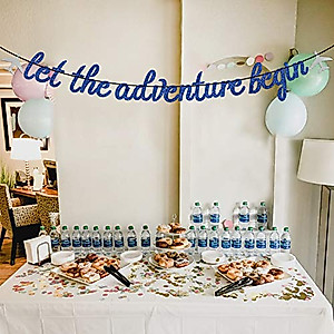 Blue Glitter Let The Adventure Begin Banner - Congrats Grad Bunting Sign - Graduation/Retirement/Bon Voyage/Baby Shower/Moving Party/Travel Theme Party Decorations