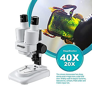 Aomekie® Microscope for Kids Students 20X 40X with 10Pcs Slides Insect Specimen Stereo Microscope for Kids with WF eyepieces LED Light Source Portable Stereoscope
