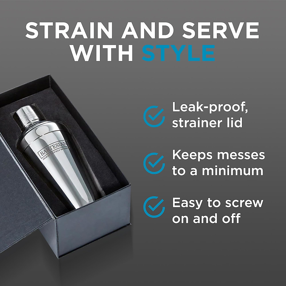 Bartesian Stainless Steel Cocktail Shaker - 16 Ounce Bartender Cocktails Shakers Bar Accessories for the Home - Bartending Mixology Barware Mixer Cup - Professional Mixed Drink Shaker Utensil Tool