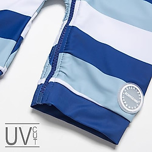 BONVERANO Baby Boy Swimsuit Full Front Zip Sunsuit UPF50+ One Piece Long Sleeve with Sun Protection(Blue and White,4T)