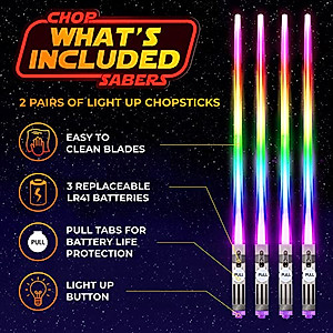 LIGHTSABER CHOPSTICKS LIGHT UP STAR WARS LED Glowing Light Saber Chop Sticks REUSABLE Sushi Lightup Sabers Bright LEDs - 8 Color Modes - 2 Pairs