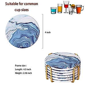 Warmroom Absorbent Drinks Coasters with Gold Holder and Cork Base Set of 6 Round Blue White Marble Style Coasters Decorative Tabletop Protection for Bar Kitchen Home and Dining Room Decor