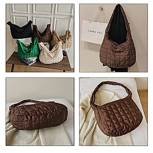 Puffer Bag Quilted Down Cotton Padding Shoulder Bag for Women Large Puffy Tote Bag Autumn Winter Lightweight Crossbody Handbag (Khaki)