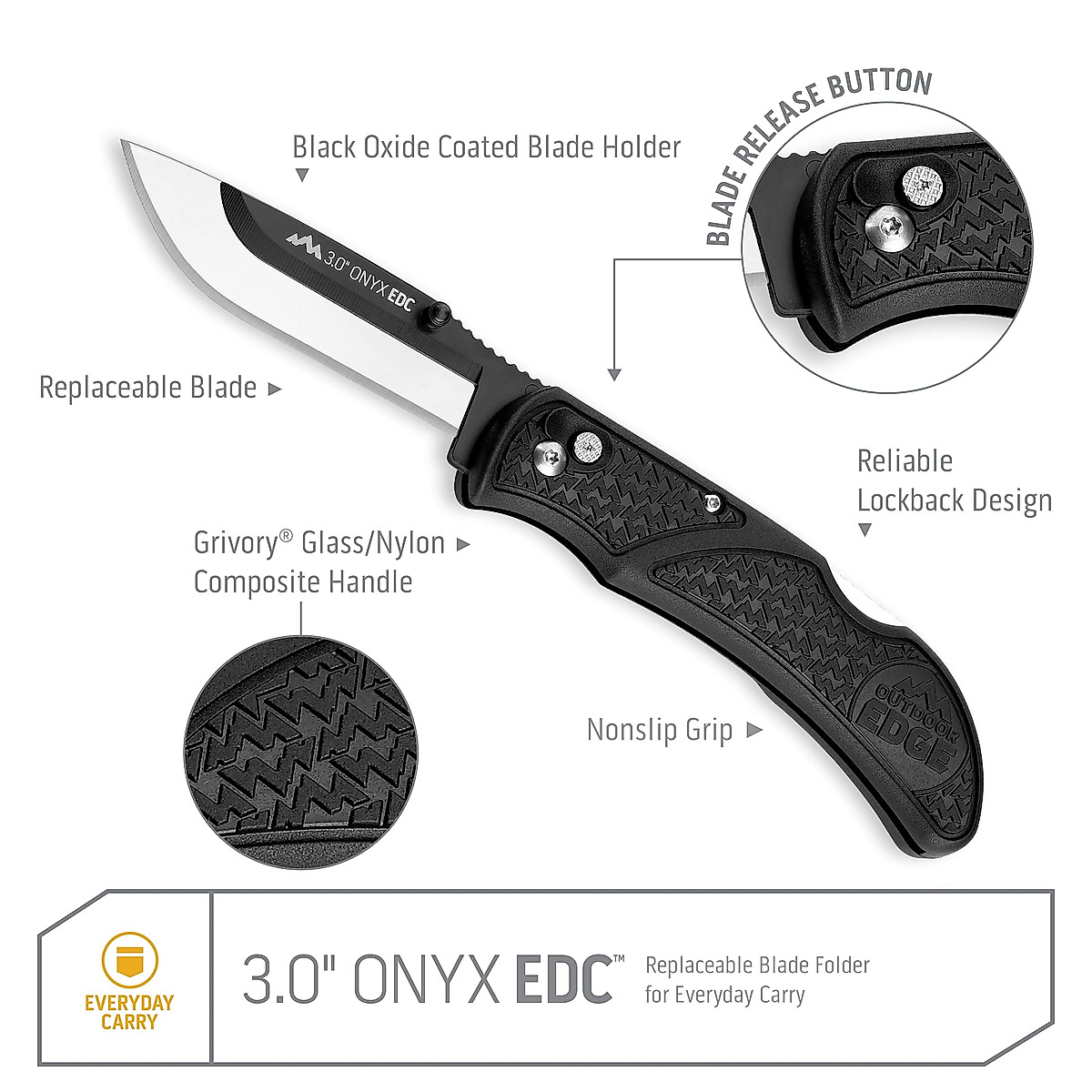 OUTDOOR EDGE 3.0" Onyx EDC - Replaceable Blade Folding Pocket Knife with Dual Thumb Opener and Pocket Clip with 3 Blades