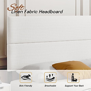 HOWE Queen Size Bed Frame, Upholstered Platform Bed with Adjustable Headboard, Sturdy Bedframe Linen Fabric/Easy Assembly/No Box Spring Needed/Noise-Free/Cream