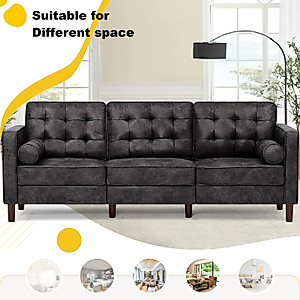 Lesofair 84" Faux Leather 3-seat Sofa with 2 Bolster Pillows, Tufted Couch with Wooden Legs, Morden Sofa Suitable for Living Room, Office, Black