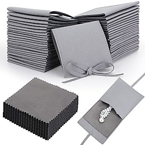 120 Pcs Microfiber Jewelry Pouch 8 x 8cm Jewelry Packaging Bag Gift Bow Tie Bracelet with Cleaning Cloth(Gray)