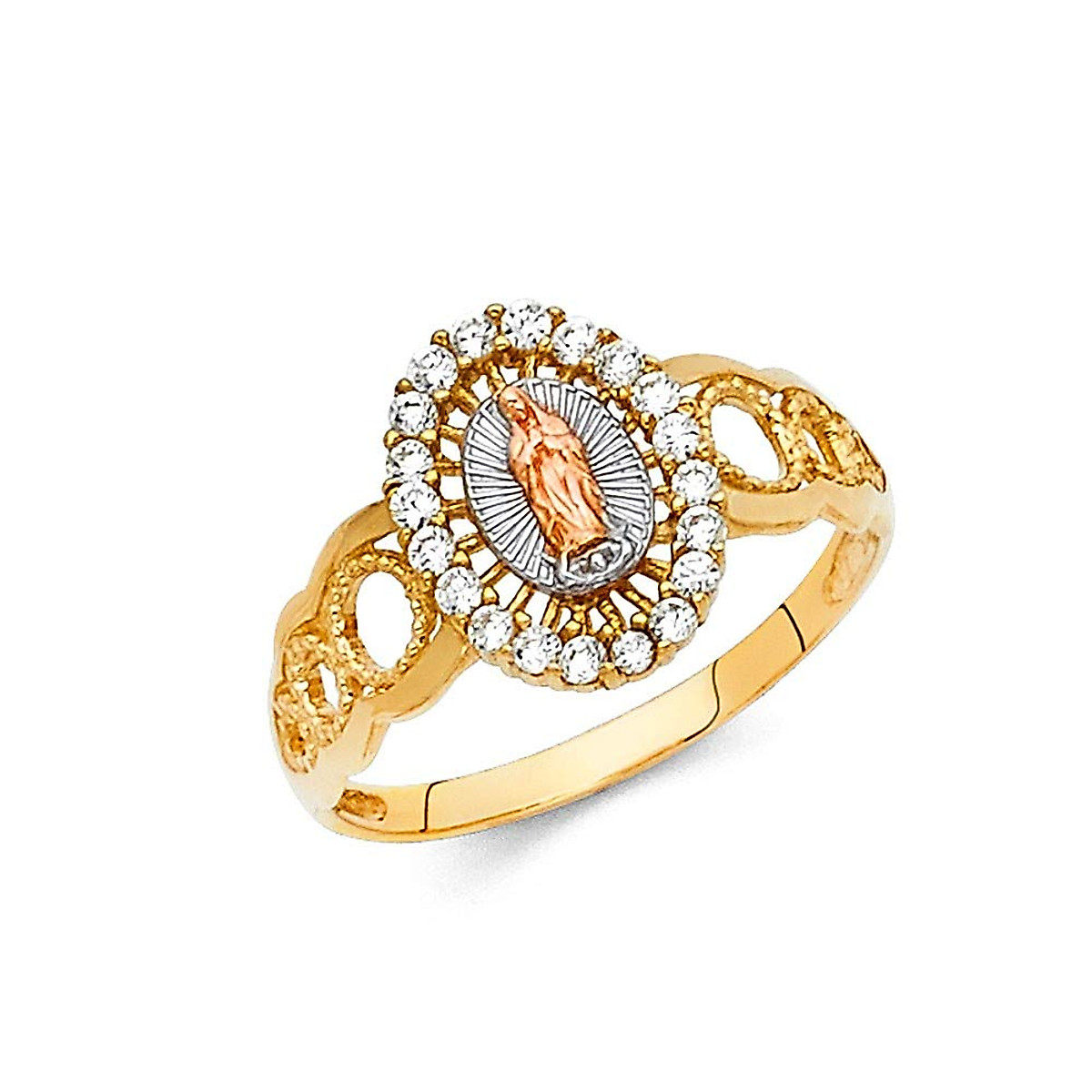 Savlano 18K Gold Plated Yellow White & Rose Tri Color Lady of Guadalupe Virgin Mary with Round Cut Cubic Zirconia Women Religious Ring (8)