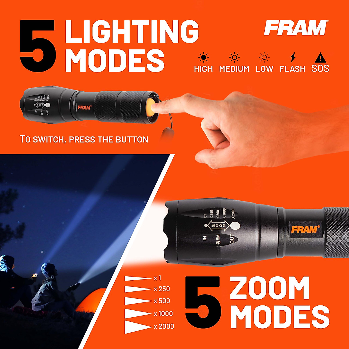 FRAM FAC40006 Handheld Flashlight, Portable and Convenient, Perfect for Camping Essentials, Survival Gear, Waterproof lamp.