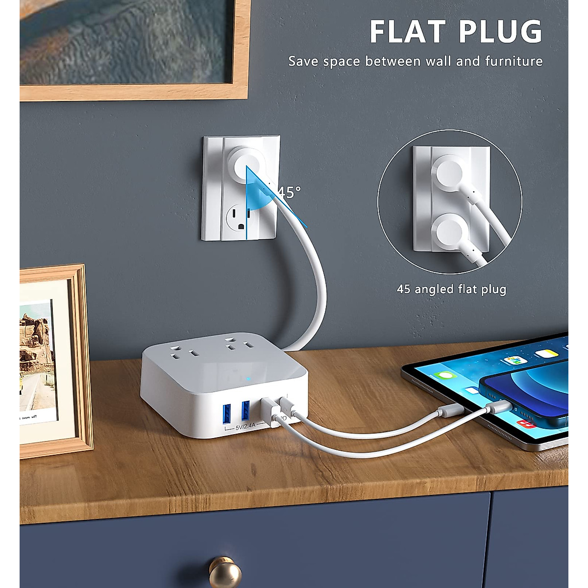 Power Strip with USB C Ports Fast Charge 3A PD 20W 2 AC Outlets and 4 USB Ports USB-C Power Strip with 5FT Extension Cord for Desktop Travel Home Office Hotel Dorm (White)