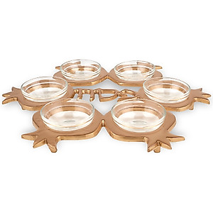 Zion Judaica Artistic Passover Seder Plate Pomegranate Shape Seder Tray Shiny Aluminum with 6 Glass Liners/Dishes Marked with the Names of Symbolic Pesach Foods Passover Plate Decor (Gold)