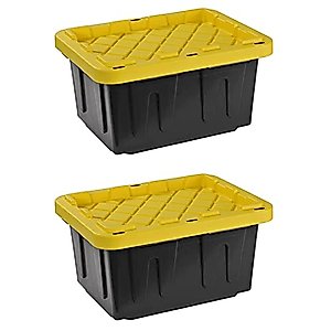 Juggernaut Storage Multipurpose 5 Gallon Lockable Plastic Storage Tote with Secure Snap Fitting Lid for Home Organization, Black/Yellow (Set of 2)