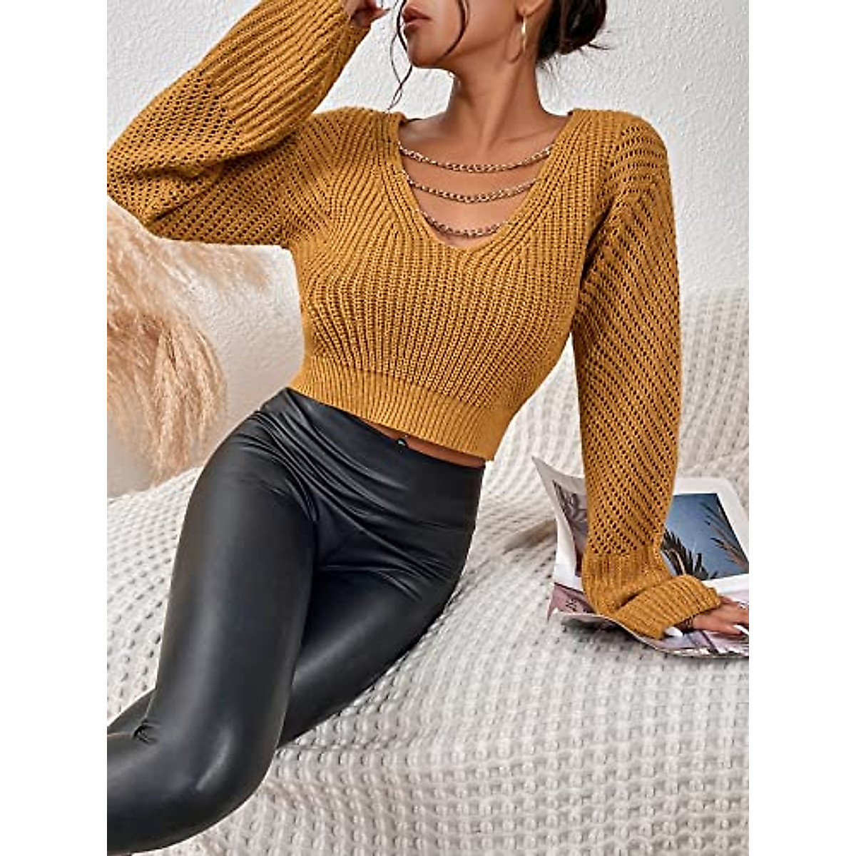 SweatyRocks Women's Long Sleeve V Neck Chain Top Pointelle Knit Pullover Sweater Crop Tops Ginger L