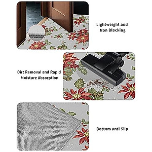 Indoor Outdoor Mats, Christmas Flowers and Leaves Tile Pattern Door Mat, Non-Slip Absorbent Resist Dirt Entrance Mat Washable Welcome Mats for Entryway, Low-Profile Floor Mats