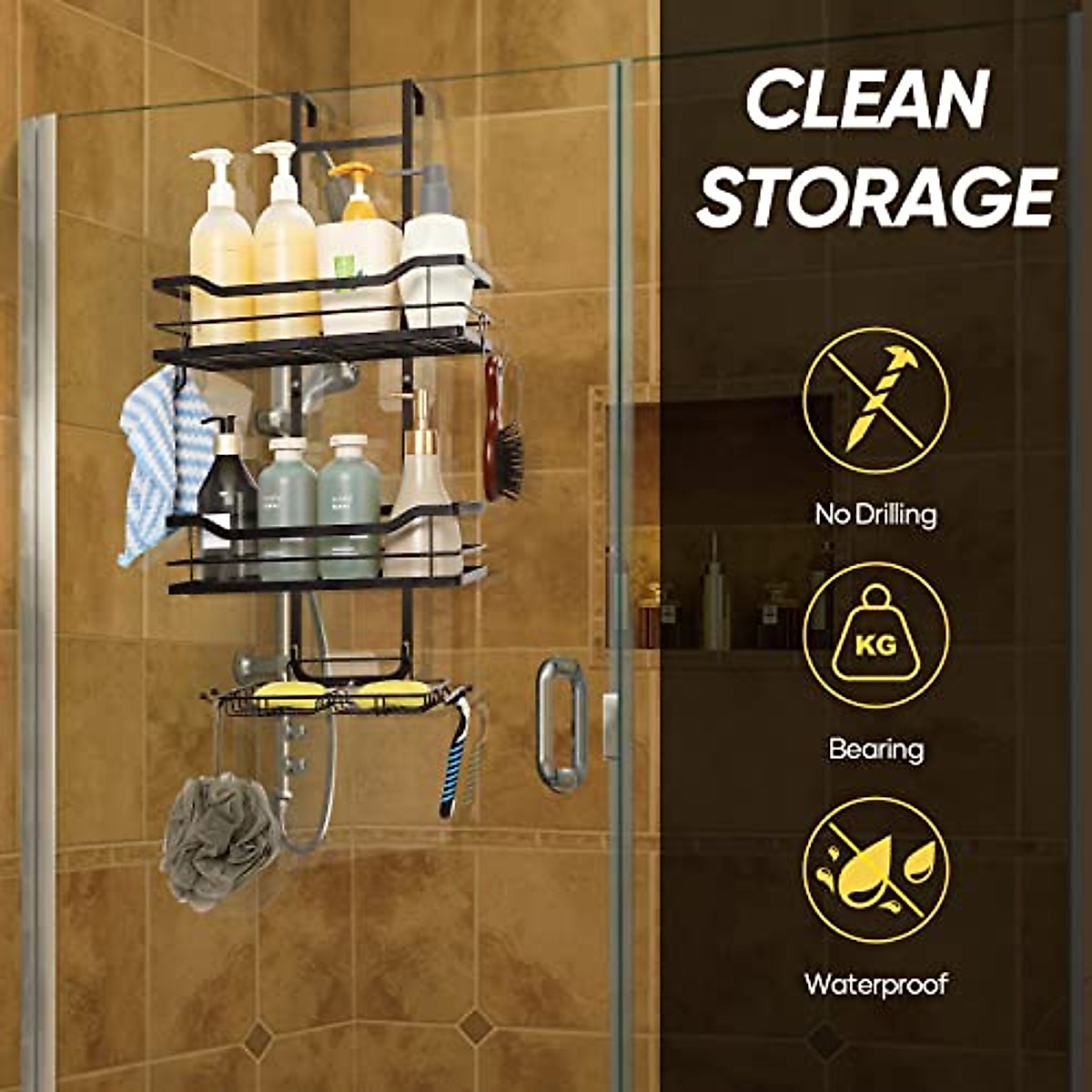 Over the Door Shower Caddy, Hanging Shower Organizer for Bathroom, Shower Storage Rack Shelf with Hooks & Screw Adhesives & Soap Holder, 3 Tier Bathroom Shower Basket, Rustproof No Drilling - Black