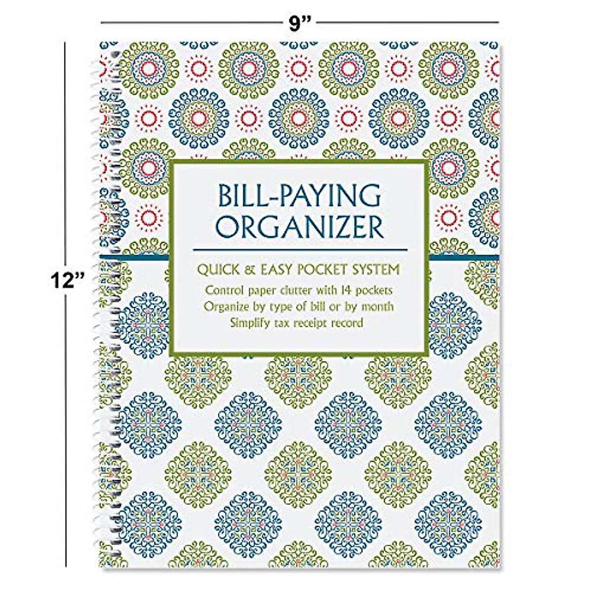 Fresh Patterns Bill Paying Organizer Book - Personal Account book, 9" by 12 inch, Spiral-Bound, 14 Pockets, 32 Label Stickers, Bill Tracking