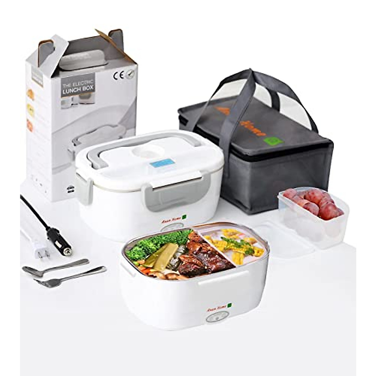 Electric Lunch Box Food Heater Portable Food Warmer For Car & Home Electric Heating Lunch Box 1.5L, 55W Food Warmer Lunch Box w/Removable Container Includes Large Fork, Spoon & Insulated Bag