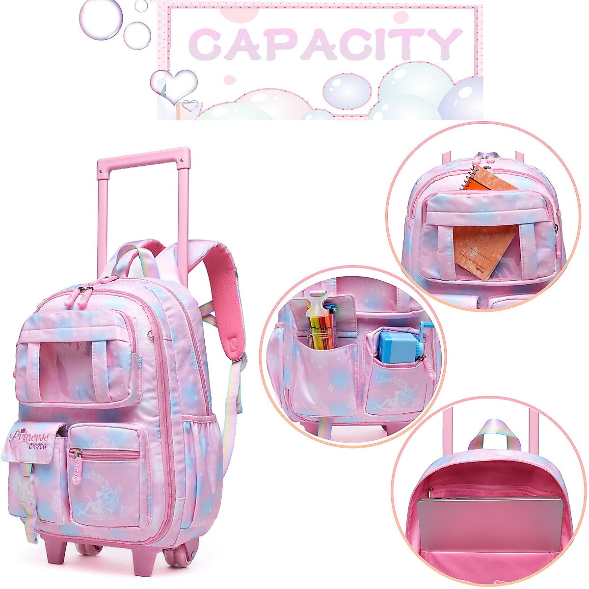 HTgroce Rolling Backpack for Girls School Bookbag with Wheels for Elementary Student Wheels Roller Trolley Luggage Suitcase Pink