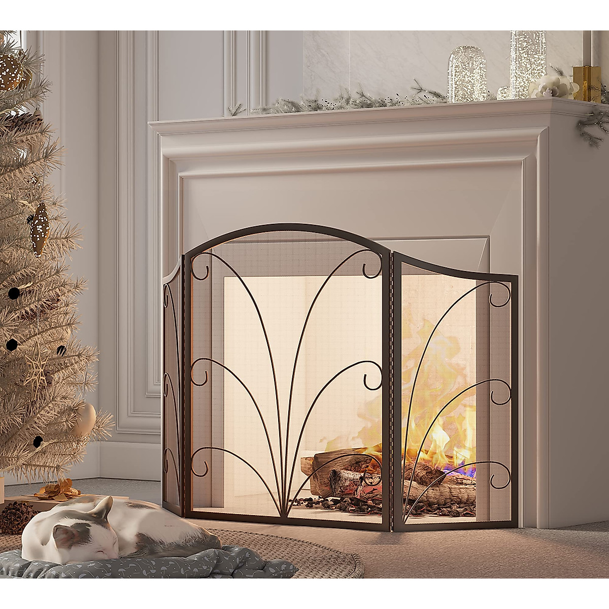 Kingson 3-Panel Arched Fireplace Screen Decorative, Handcrafted Scroll Wrought Iron Fireplace Spark Guard Cover - Black