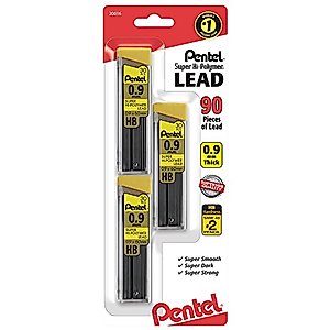 Pentel® Super Hi-Polymer® Leads, 0.9 mm, HB, 30 Leads Per Tube, Pack of 3 Tubes