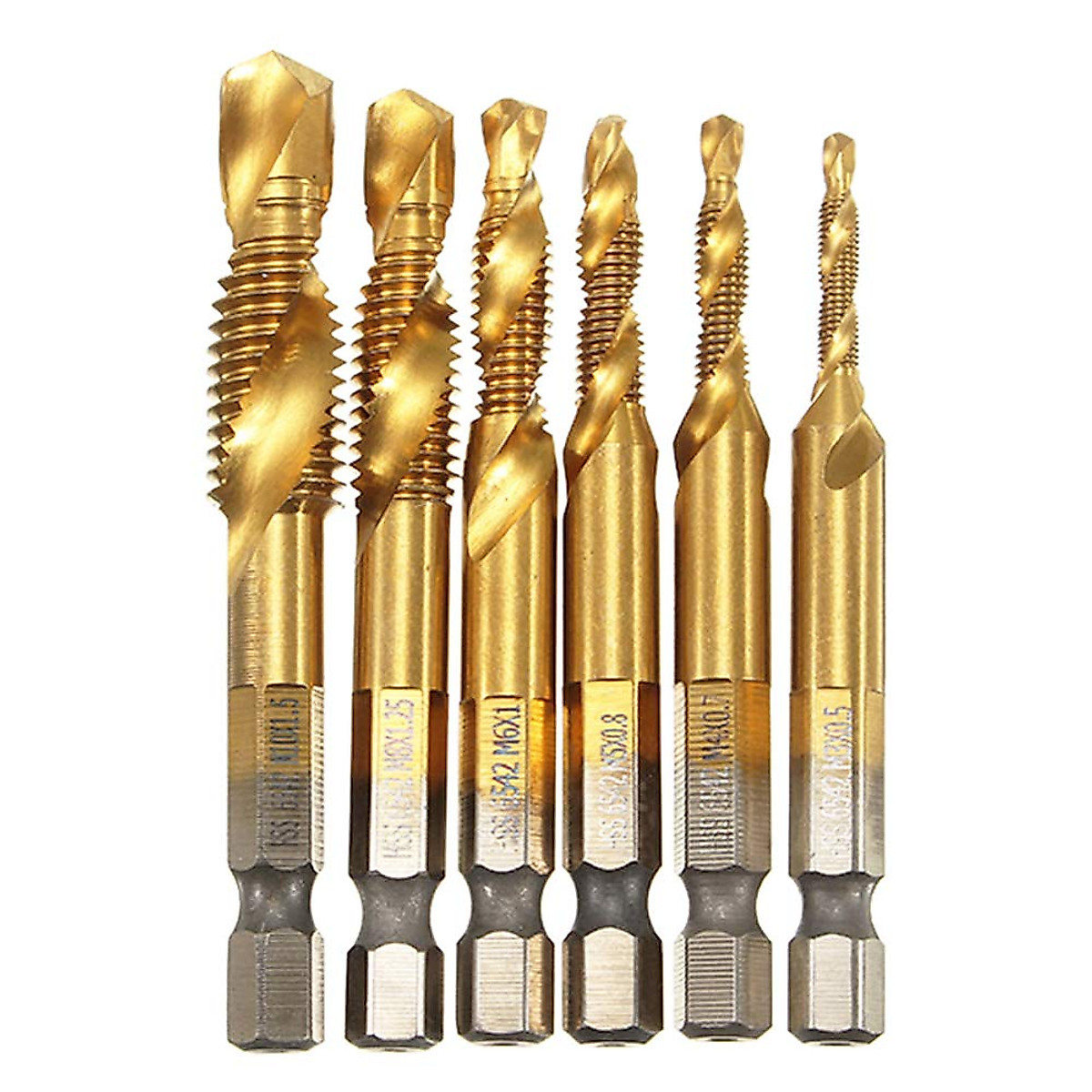 Eyech 6Pcs Titanium Combination Drill and Tap Bit Set, Metric Drill Tap Bits Screw Tapping Bit Tool 1/4" Hex Shank 3 Functions in 1