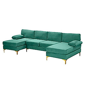 Modern Large Velvet Fabric U-Shape Sectional Sofa, Double Extra Wide Chaise Lounge Couch with Gold Legs