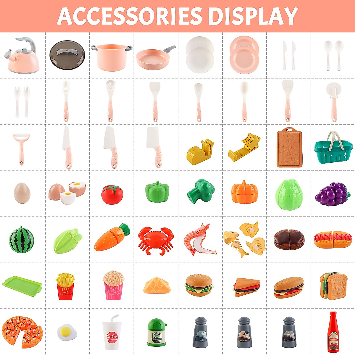 deAO Kids Play Kitchen Accessories with Pots and Pans,Cutting Food Toy,Cookware Utensils,63 PCS Play Food Set-- Kids Kitchen Accessories for Girls Boys Kids