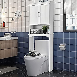 BestComfort Over The Toilet Storage Cabinet, Bathroom Space Saver with Adjustable Inside Shelf and Open Bottom Shelf, Toilet Rack Organizer with Double Doors (25inchx 9inchx 66inch), White