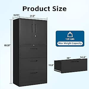 PEUKC 3-Drawer Metal File Cabinet, Lateral Vertical Filing Cabinets for Home Office, Locking File Cabinet with Storage Shelves, Legal/Letter/A4 Size Office File Cabinet,(Black, Assemble Required)