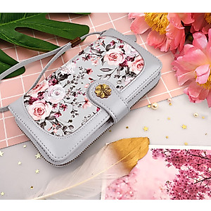 Coco Rossi Wallets for Women Multi Card Holder Wallet Clutch Wallet Card Holder Organizer Ladies Purse with Wrist strap Purse,Grey Flowers