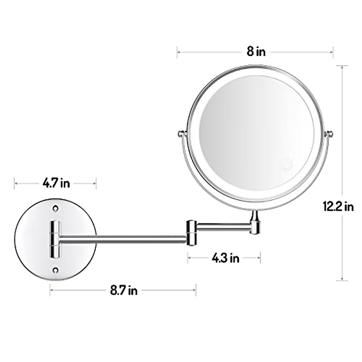 Rocollos Rechargeable Wall Mounted Lighted Makeup Mirror Chrome, 8 Inch Double-Sided LED Vanity Mirror 1X/10X Magnification,3 Color Lights Touch Screen Dimmable 360°Swivel 13 Inch Extendable