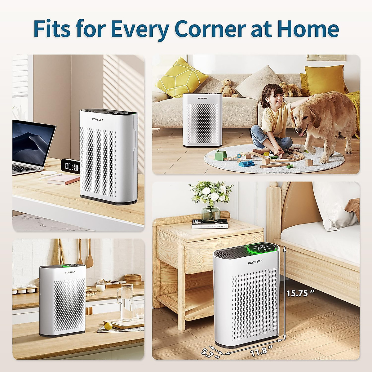 ECOSELF Powerful Air Purifiers for Home Large Room Up to 1400 Ft² with Air Quality Monitor 20dB Sleep Mode, Air Purifier for Bedroom Office Living Room for Pets, Dust Smoke PoIIen Dander Smell, White