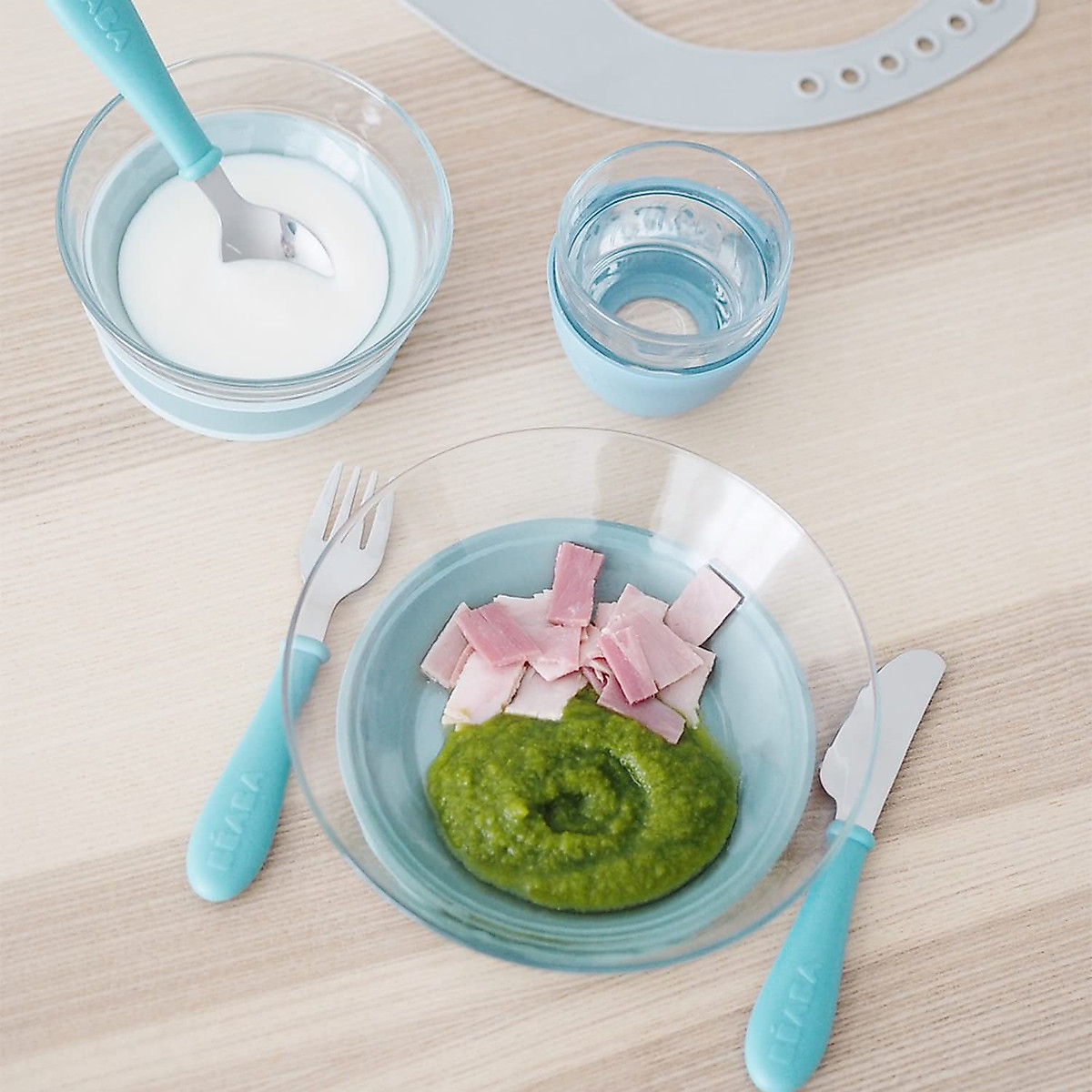 BEABA 3-Piece Duralex Glass Meal Set with Silicone Suction, Toddler Plate and Baby Bowls with Suction, Non Slip Kids Dinnerware Set, 2.5x Stronger than Regular Glass, (Rain)