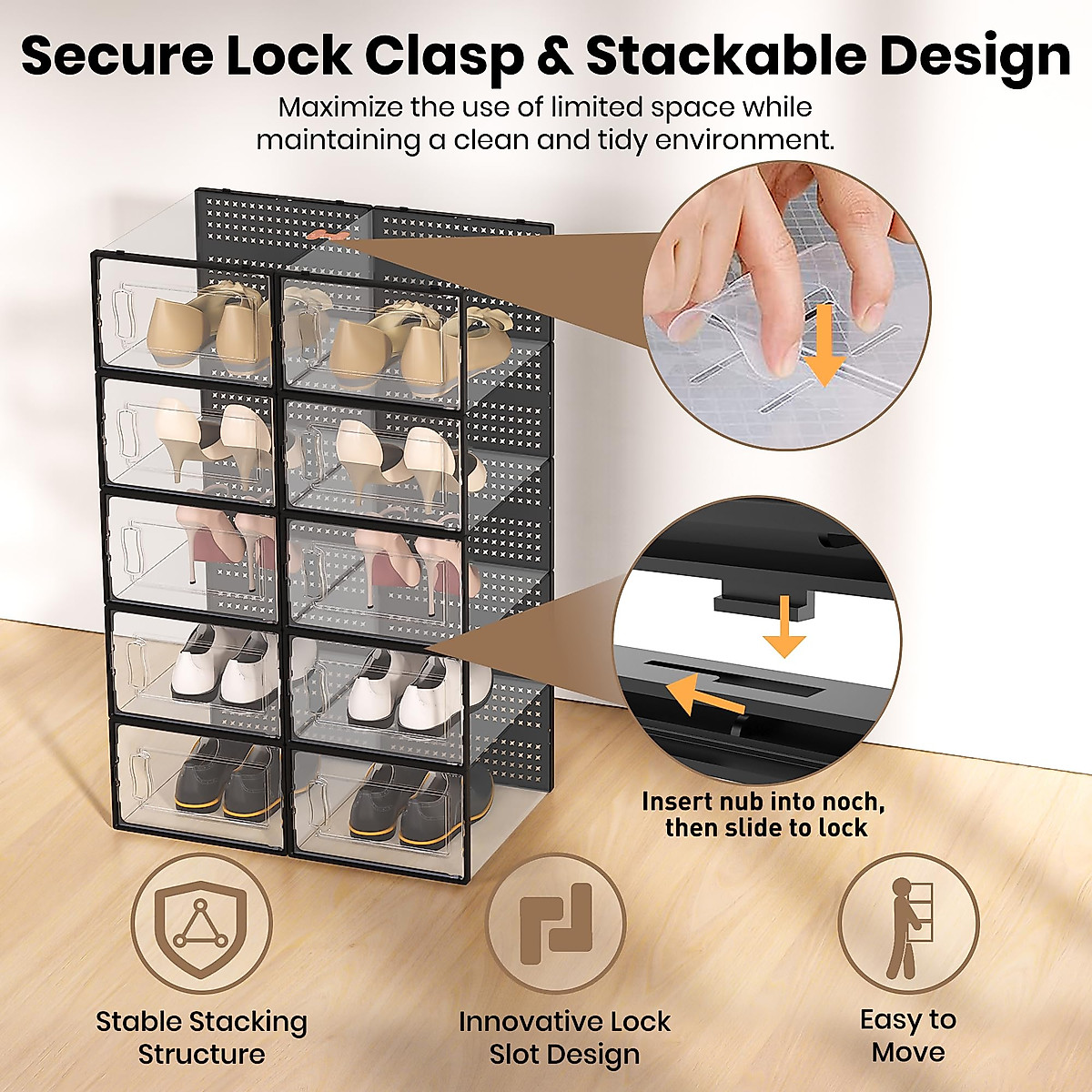 Fkprorjv XX Large Shoe Storage Box Organizer for Closet, 12 Pack Space Saving Versatile Clear Plastic Stackable Sneaker Shoe Rack Containers Bins Holders, Portable Closet Organizers and Storage, Black