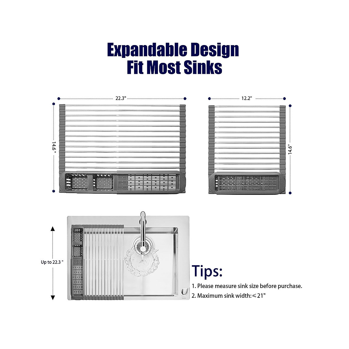 CLNGAI Roll Up Dish Drying Rack,Expandable Over The Sink Dish Drainer,Stainless Steel Kitchen Rolling Sink Rack with Utensil Holder,Length Up to 22.3" (Grey)