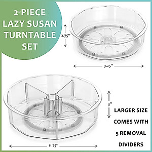 Clear Lazy Susan Organizer 12" & 9" Set - Lazy Susan for Refrigerator, Turntable for Cabinet with Removable Dividers, 12 Inch Pantry Lazy Susan, Plastic Turntable Organizer Solution - by Soveressence