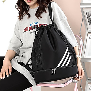 JUST DO Drawstring Gym Backpack with Shoes Compartment, Sports Backpack for Men women, Waterproof for Swim Sport Yoga Hiking Travel (Black)