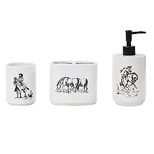 Paseo Road by HiEnd Accents | Ranch Life Western 3 Piece Countertop Bathroom Accessory Set with Soap Lotion Dispenser, Tumbler, Toothbrush Holder, Horse Cowboy Cow Longhorn Themed Bath Accessories
