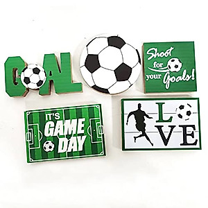 5 Pcs Soccer Decorations Farmhouse Soccer Tiered Tray Decor Soccer Party Supplies Game Day Wooden Signs for Home Kitchen Shelf Coffee Bar Table