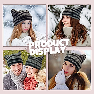 Cat Ear Beanie for Women Knitted Crochet Fox Hat with Striped Winter Cap Y2K Accessories Grunge Goth Slouchy Beanies Black