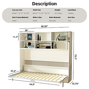 DEINPPA Twin Horizontal Murphy Bed with Storage Shelf, Space-Saving Wall Bed for Multipurpose Room-White