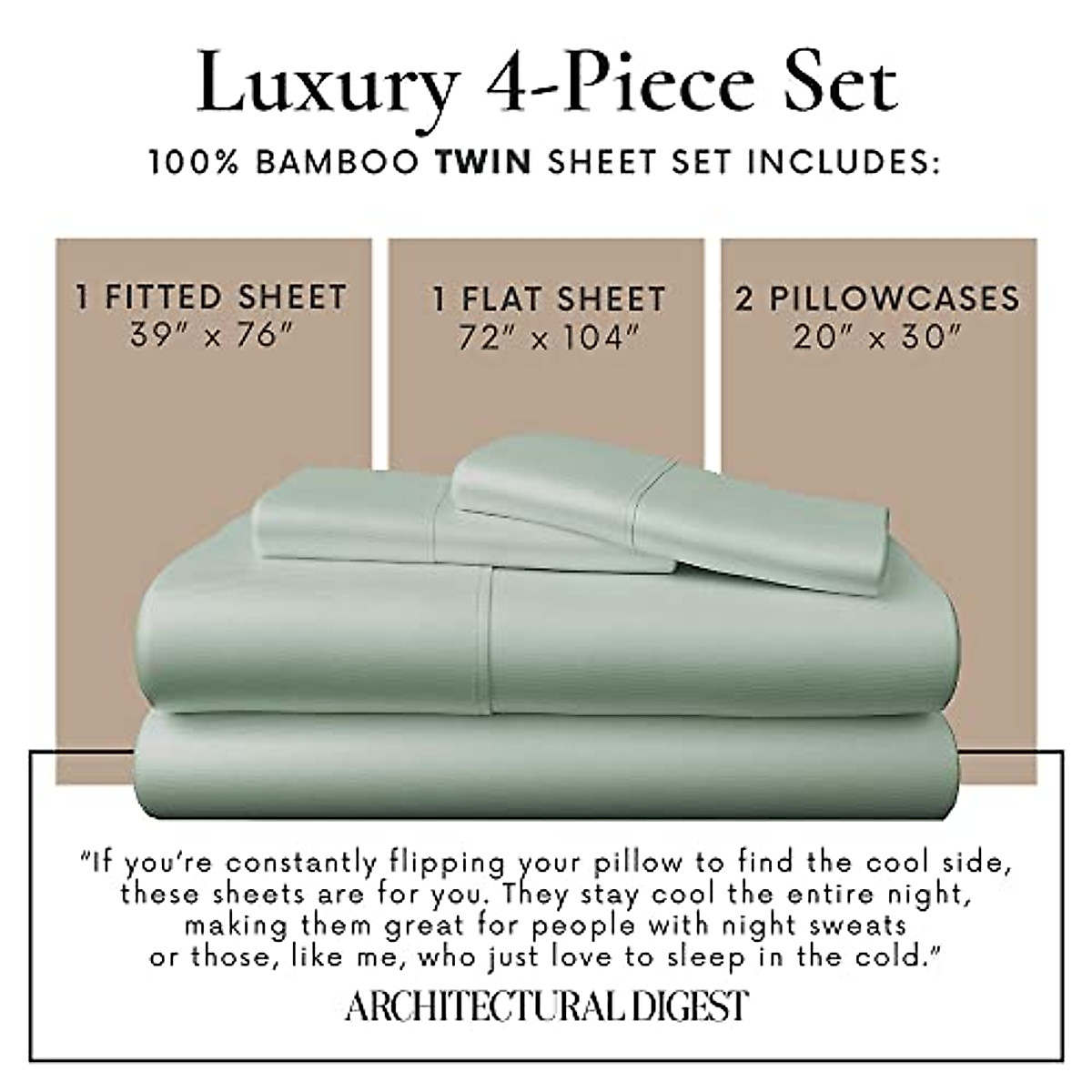 Bamboo Bay Luxury Bamboo Sheets Twin Size - 4 Piece Ultra Soft Twin Cooling Sheets for Hot Sleepers - 100% Organic Bamboo Twin Sheet Set Fits Up to 16" Deep Pocket - Eco Friendly - Twin - Sage