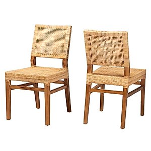 Baxton Studio Lesia Modern Brown Rattan and Brown Wood 2-Piece Dining Chair Set