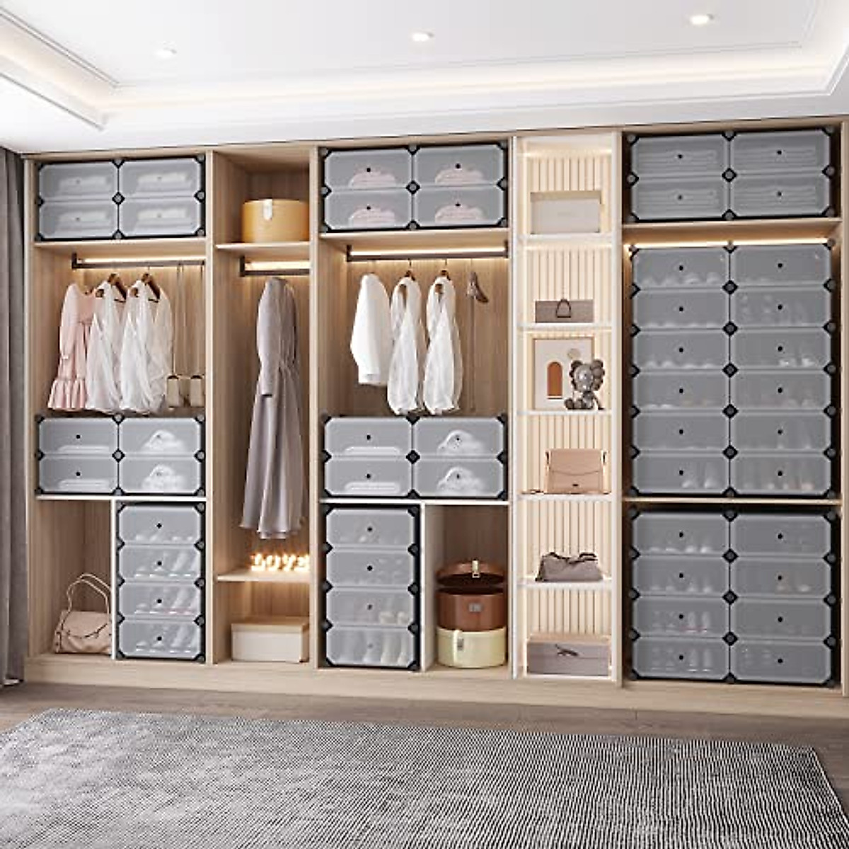 UNZIPE Shoe Rack Cabinet, 8-Tier Shoe Storage Organizer for Entryway, 16 Pairs Plastic Shoe Shelves with Door DIY Freestanding Shoes Tower with Covered for Closet Bedroom Hallway Garage, Dark Grey